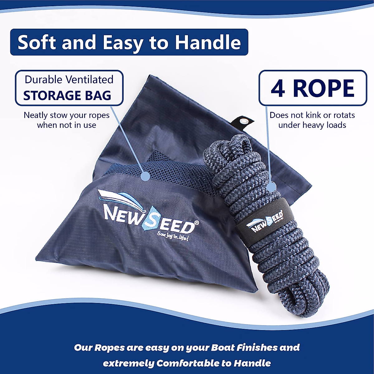 MALZE-NEWSEED 4 Pack 5/8" x 15' Dock Lines Double Braided Nylon Boat Rope with 15" Eyelets, Marine Grade Premium Mooring Lines for Docking Boat & Pontoon, Navy Blue