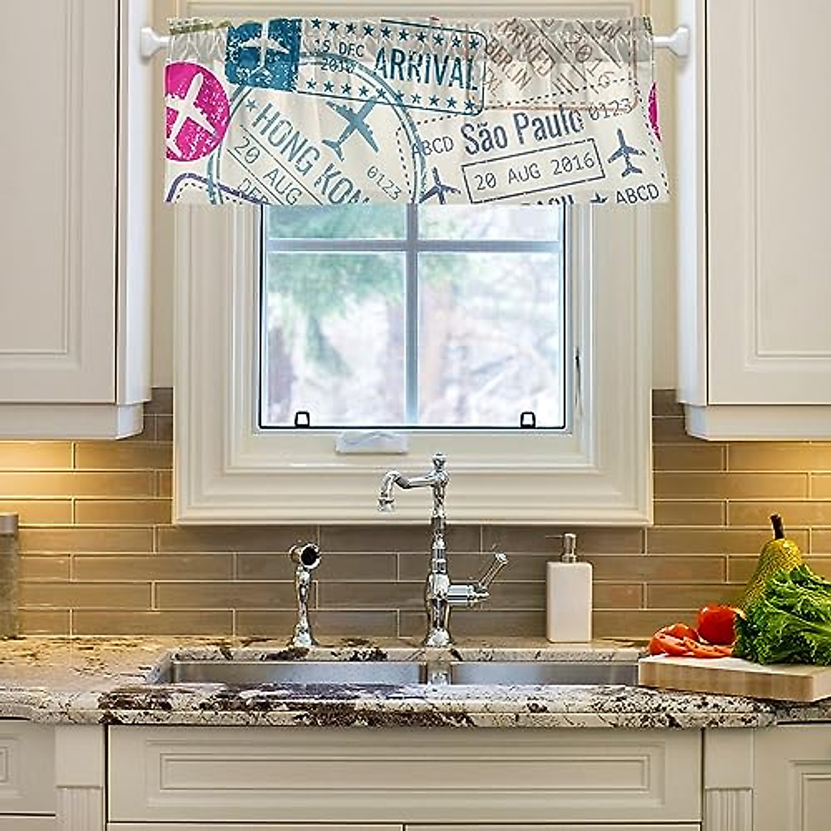 susiyo Travel Passport Visa Stamps Valance Curtain 1 Panel 54x18 inch Rod Pocket Curtain Valance for Kitchen