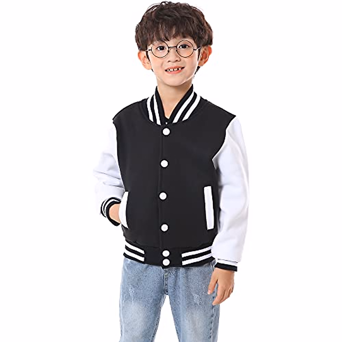 NHUHEQ Baseball Jackets Boys Girls Fit Varsity Jacket Kids Warm Combed Cotton Fleece Jackets (Black,4Y)