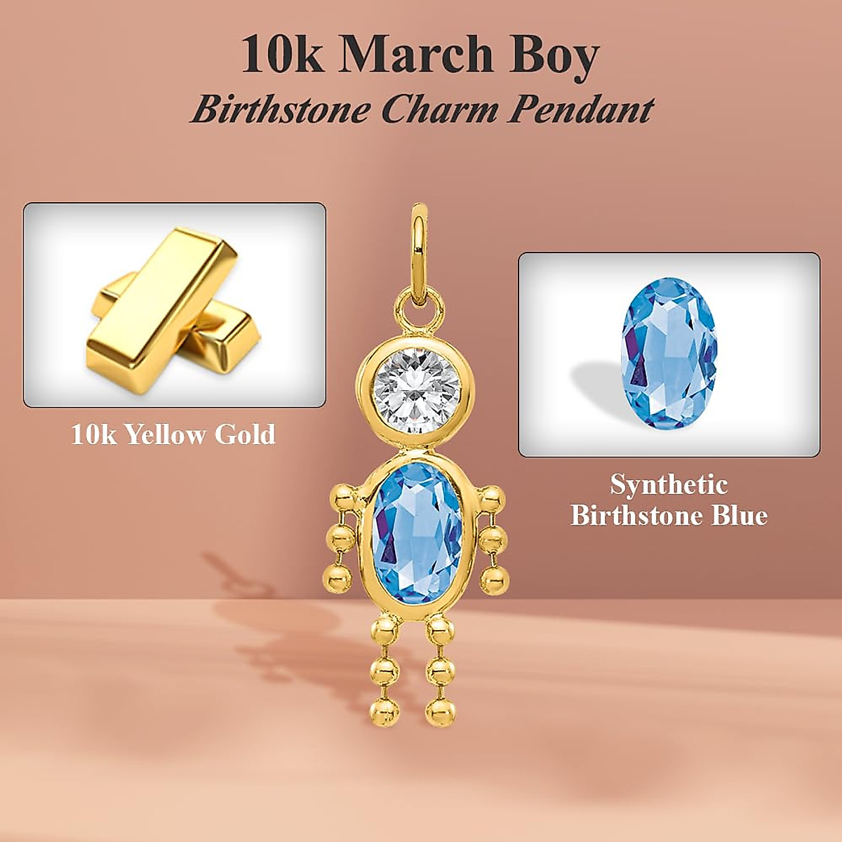 Auriga Fine Jewelry 10K Yellow Gold March Boy Birthstone Charm Pendant for Women (L- 0.79 Inch, W- 0.4 Inch)