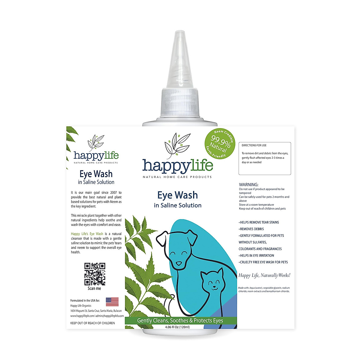 Happy Life Naturals-Dog Eye Wash Solution- Premium Eye Drops for Dogs and All kinds of Pets- Dog Eye Drops for Infection, Clears Tear Stains, Soothes Irritations- Neem Extract, Saline Solution - 120ml
