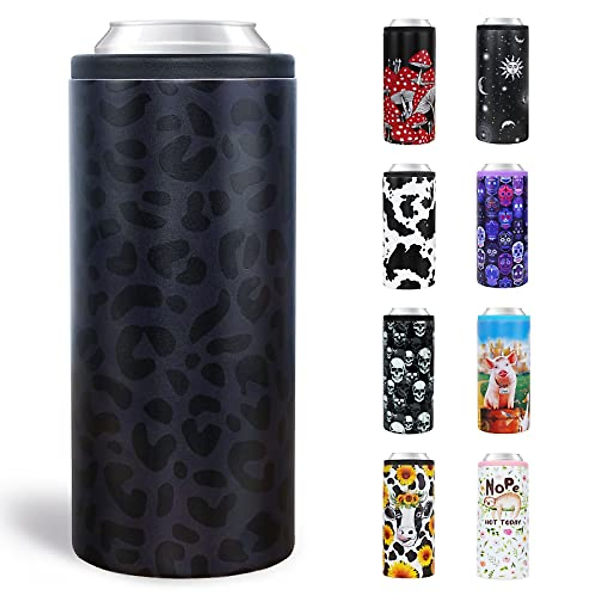 12 oz Slim Can Cooler Stainless Steel Skinny Can Cooler Insulated Beer Can Cooler for Hard Seltzers Unique Leopard Print Tumbler Gifts for Women and Men