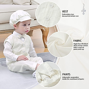 Booulfi Baptism Outfits for Boys, Baby Boy Clothes Formal Gentleman Suits White Dress Shirt Bowtie Suspender Pants Vest Hat, Christening gifts 3-6M