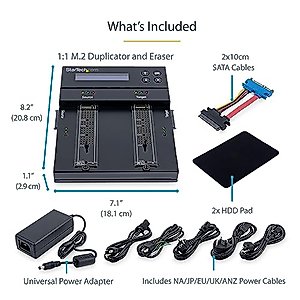 StarTech.com Standalone Dual Bay M.2 SATA/NVMe Duplicator/Eraser, HDD/SSD Cloner/Wiper for M.2 PCIe AHCI/NVMe, M.2 SATA, 2.5/3.5in Drives, Hard Drive Sanitizer/Copier, TAA (SM2DUPE11),Black