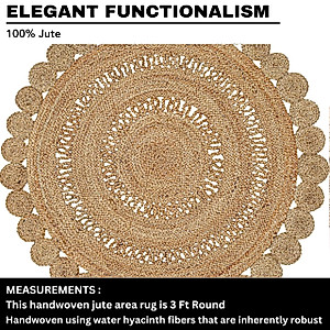 Limecasa,Hand Woven Farmhouse Jute Area Rug 3 Ft Round Natural Yarn, Rustic Vintage Beige Braided Reversible Rug, Eco Friendly Rugs for Bedroom, Kitchen, Living Room, Farmhouse 100% Jute Rug