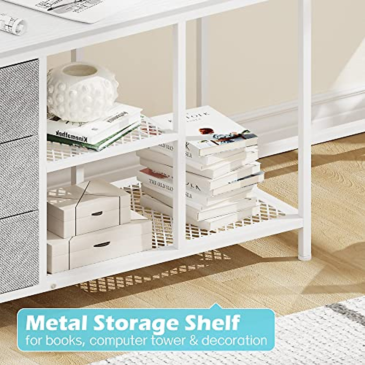 SUPERJARE L Shaped Desk with Power Outlets, Computer Desk with Drawers & Shelves, Corner Desk Gaming Desk Home Office Desk, White