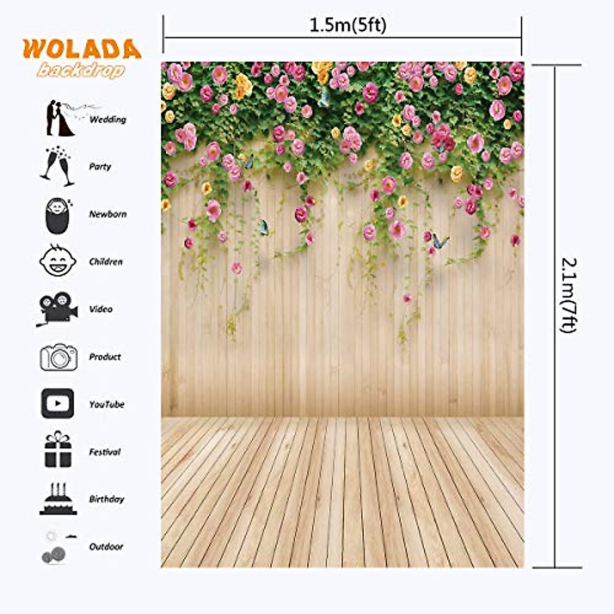 WOLADA 5x7FT Flower Wall Backdrop Spring Backdrop Spring Floral Photo Backdrop Brown Wood Plank Flower Wall Photography Backdrop Girl Birthday Party Wedding Shower Photography Background 8909