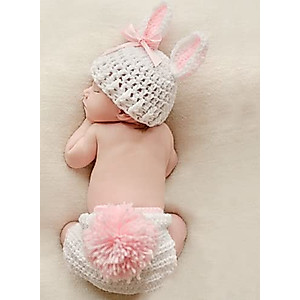 Newborn Baby Bunny Rabbit Crochet Knitted Photography Props Newborn Baby Outfits Diaper Costume (White)