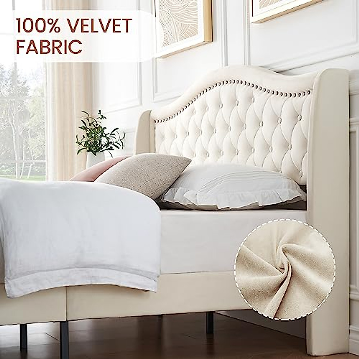 GAOMON King Size Upholstered Platform Bed Frame with Tall Headboard, Luxurious Velvet Button Tufted and Nailhead Trim Wingback, Arched Footboard, No Box Spring Needed, Beige