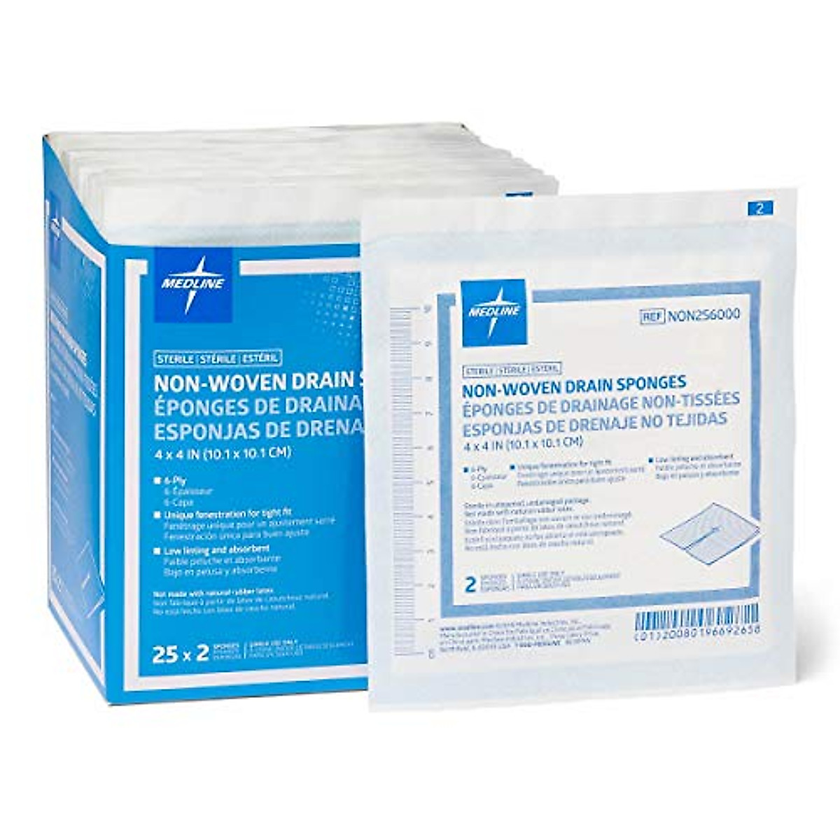 Medline Nonwoven Drain Sponges, Sterile, 6-Ply Gauze, 4" x 4", 2 Count (Pack of 300)