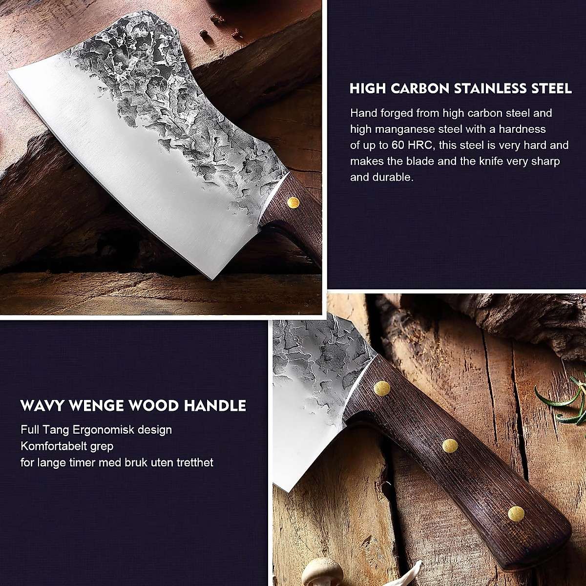 XIZOR Hand Forged Cleaver Chef Knife 7 inch Bone Chopping Knife High Carbon Steel Heavy Meat Slicing Butcher Knives Full Tang wavy wenge wood handle For Meat Vegetable Cooking Tool