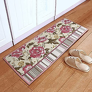 yazi Fabric Kitchen Mat Area Rug Red Striped Flower Non-Slip Rubber Backing Floomat,47x18 Inches