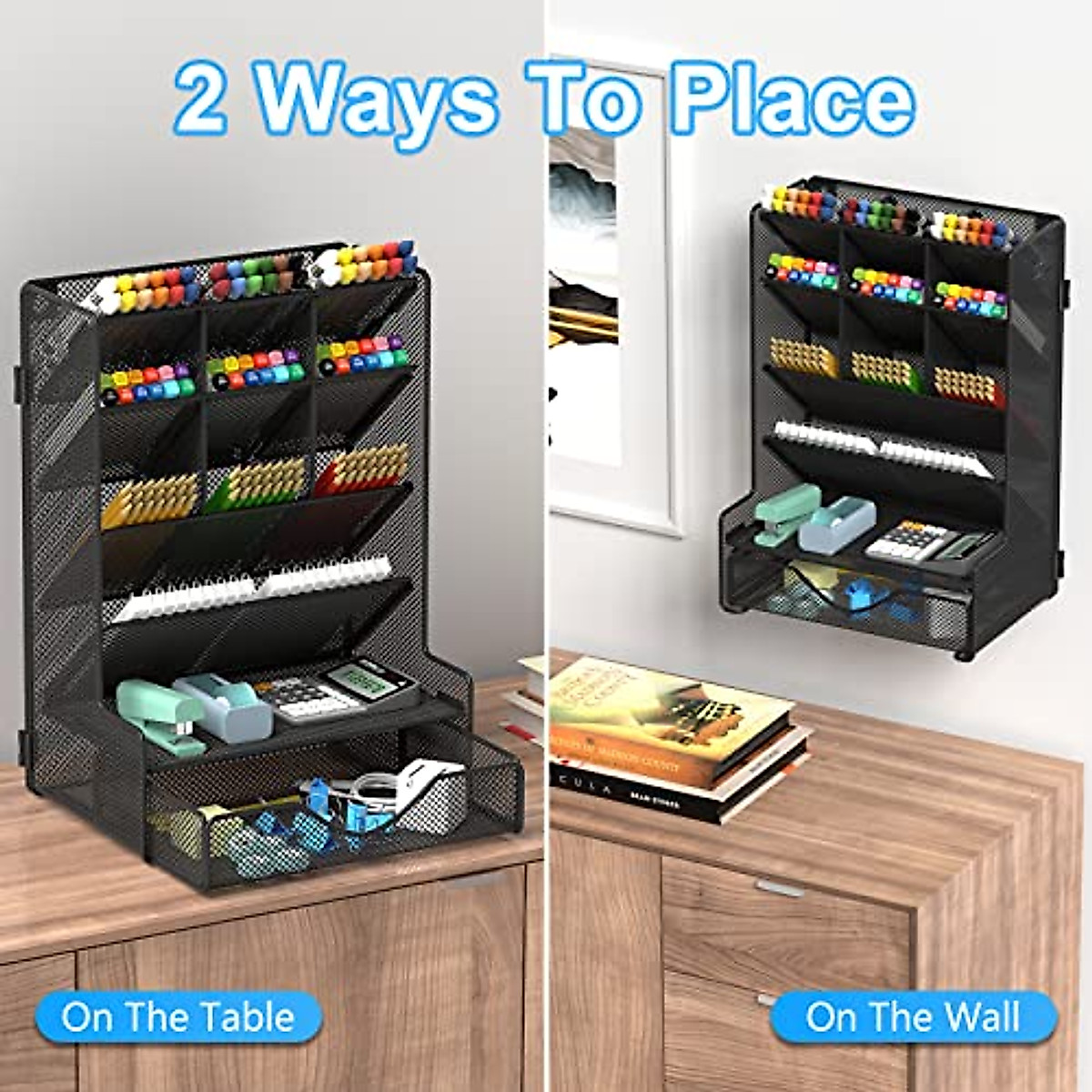 BOHDK Pen Organizer for Desk, Multi-Functional Desk Organizer, Wall Mount Pen Holder with Drawer for School, Office, Home, Art Supplies, Black