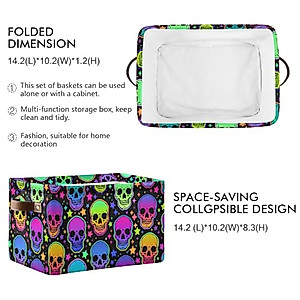 Neon Skulls Storage Basket Bins Decorative Toy Laundry Basket Organization with Handles for Playroom Living Bed Room Office Clothes Nursery,2 pcs