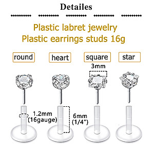 QWALIT 16G Clear Lip Rings Studs Plastic Cartilage Tragus Earrings Retainer for Work Cubic Zirconia Bioflex Medusa Labret Piercing Jewelry 6mm 8mm 10mm 12mm