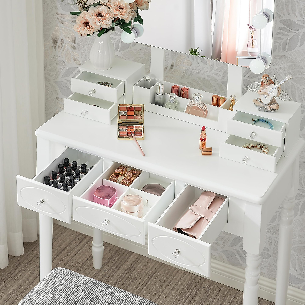 ANWBROAD Makeup Vanity Desk Vanity Set with Lighted Mirror Makeup Vanity Desk Table Set Large 8 LED Bulbs Frameless Mirror 3 Colors Modes Dimming 7 Drawers Cushioned Stool 3 Dividers White UBDT03W