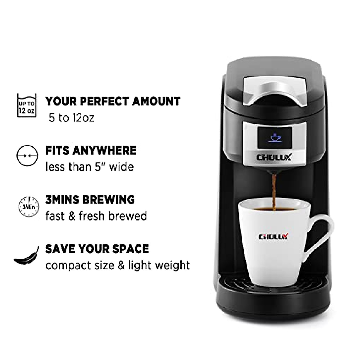CHULUX Upgrade Single Serve Coffee Maker, 12oz Fast Brewing Machine Brewer Compatible With Pods & Reusable Filter, Auto Shut-Off, One Button Operation, for Hotel, Office, or Travel