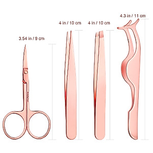 Jovitec Fake Eyelashes Applicator Tool, Slant Tip Hair Tweezers, Eyebrow Tweezers Eyebrow Scissors, 4 Pieces with Black Velvet Bag (Rose Gold)