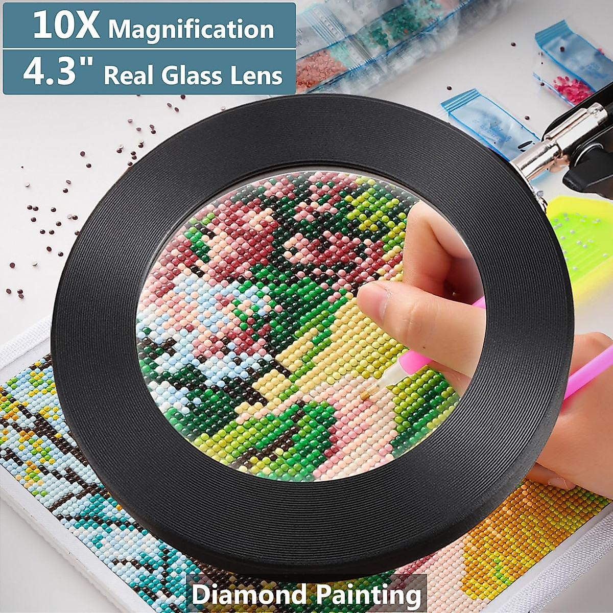 10X Magnifying Glass with Light and Clamp, Veemagni 3 Color Modes Stepless Dimmable Real Glass LED Lighted Magnifier, Adjustable Swing Arm Desk Lamp Hands Free for Close Works Crafts Repairing Sewing