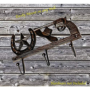 Urbalabs Western Cast Iron Rustic Country Wall Hooks Coat or Key Holder Wall Hook Mounted Decorative for Hats, Coats, Keys, Towels, Mudroom, Entryway, Mancave Bronze (Western 6 Shooter Star and Hat)