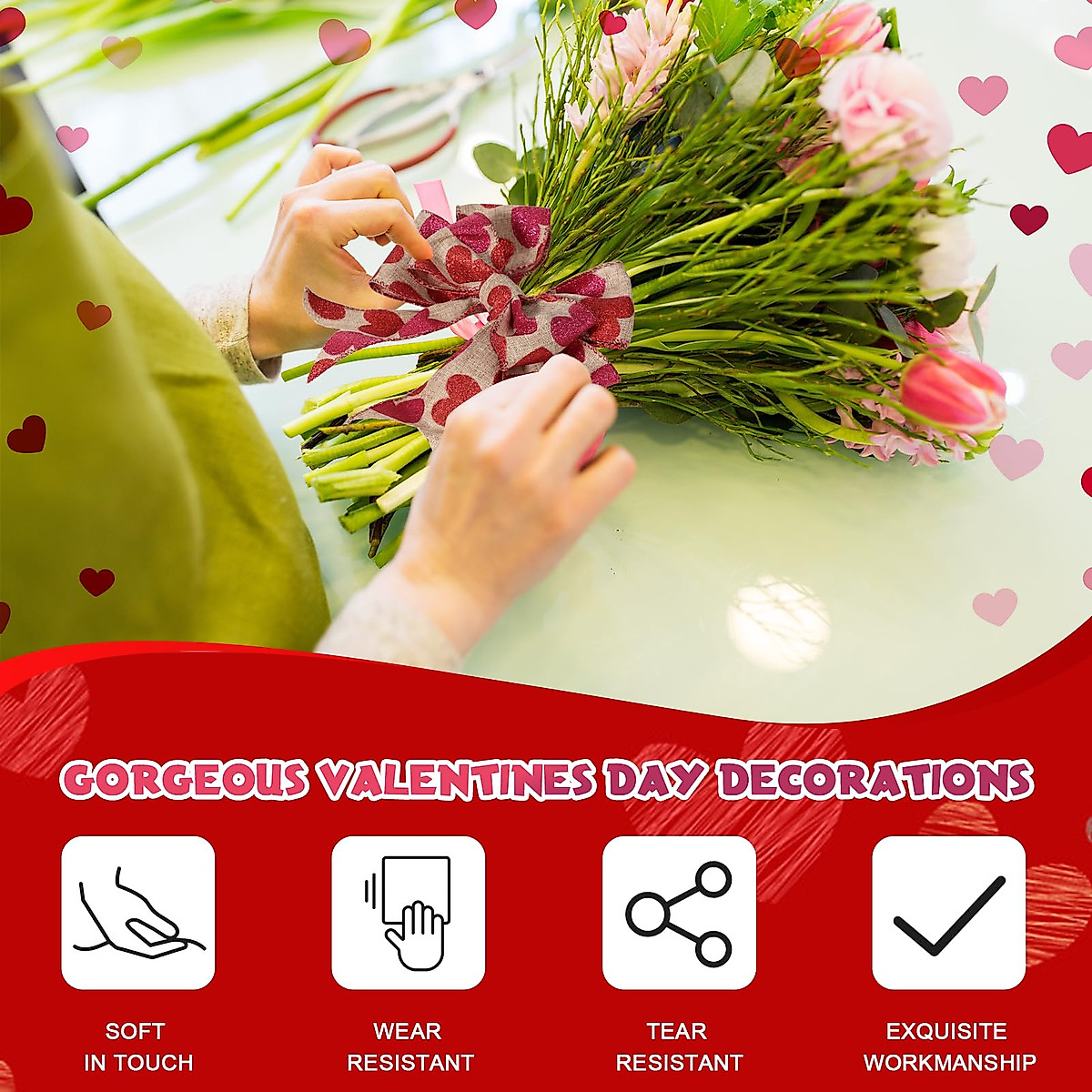 2 Roll 20 Yards Glitter Hearts Wired Edge Burlap Ribbon Valentine Ribbon Valentine's Day Wired Ribbon for DIY Gift Wrapping Wreath Crafts Decoration, 2.5 Inch (Black, Red, Pink)