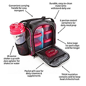 Fit & Fresh Original Jaxx FitPak Insulated Cooler Lunch Box, Meal Prep Bag with Portion Control Containers, Ice Pack, 28 oz Shaker, Standard, Pink