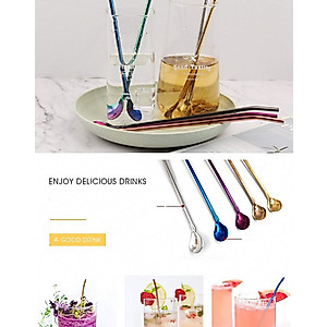 7PCS Metal Spoon Straws Drinking Spoons with 2 Cleaning Brushes 8.5”Reusable Bar Spoon Straw for Iced Coffee Frozen Drink Milkshake Smoothies Sundaes Cocktail Mixing Stirring and Drinking