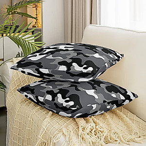 Pack of 2 Camo Grey Black White Decorative Throw Pillow Covers, Soft Camouflage Square Cushion Case Set for Couch Sofa Bedroom Living Room, Military Style Pillow Cases Pillowcases, 18x18 Inches