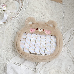Kawaii Ita Bag Plush Crossbody Bag, Cute Animal Fuzzy Backpack Shoulder Bag Clear Window Lolita Bag Cosplay Itabag for Girls (Brown)