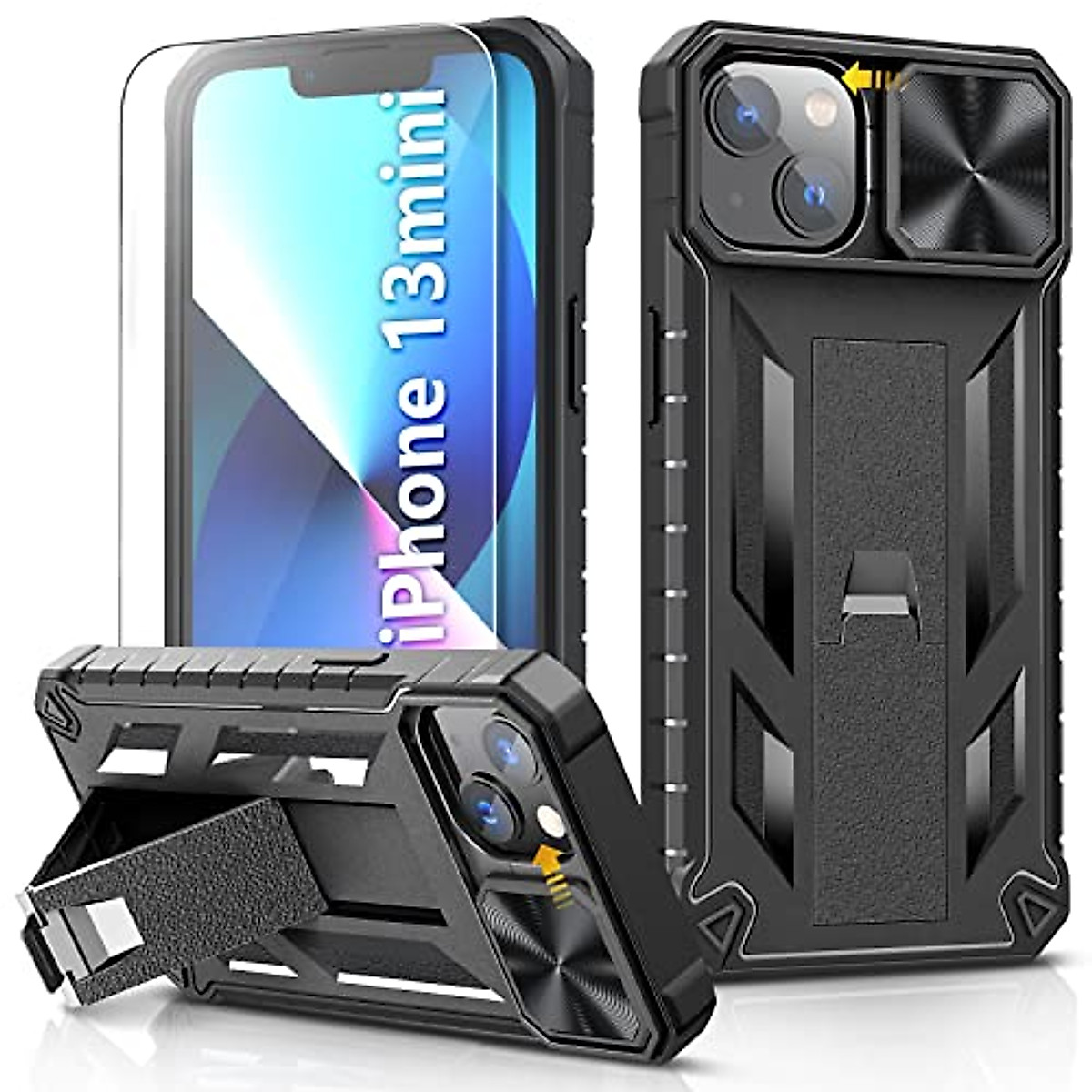 SOiOS for iPhone 13 Mini & 12 Mini Rugged Case: with Kickstand & Slide 13mini 12mini Protective Cell Phone Cover Military Grade Drop Protection Durable Tough Hard | Shockproof Textured Bumper- Black