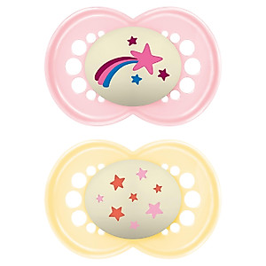 MAM Night Pacifiers (2 Count), MAM Pacifiers 6+ Months, Best Pacifier for Breastfed Babies, Glow in the Dark Pacifier, Baby Girl Pacifier (Design may vary), 6-16 (Pack of 2)