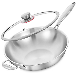 LOLYKITCH Tri-Ply 13 Inch Stainless Steel Wok Pan with Lid, Stir-Frying Pan,Induction Cooking Pan,Dishwasher and Oven Safe,Heavy Duty and Detachable handle.