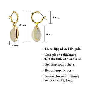 Columbus 14K Gold Plated Cowrie Charm Huggie Hoop Earrings - Cowry Drop Dangle Hoops - Huggies for Women (Gold Cowry Shell)
