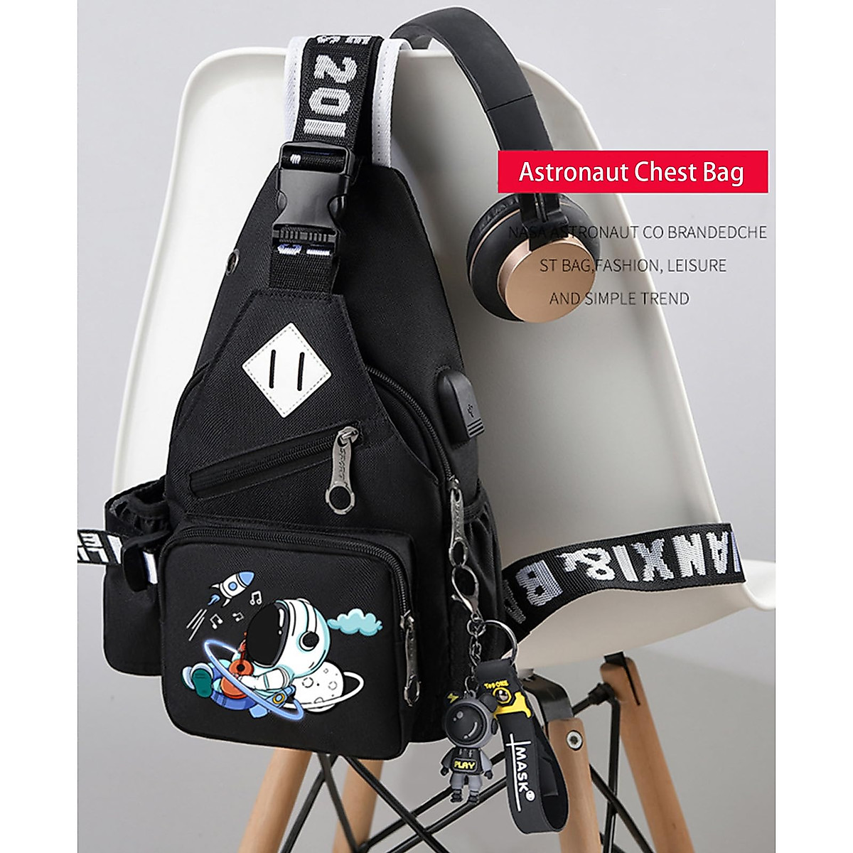 XinShuoBay Crossbody Sling Backpack For Men Anime Fashion One-Shoulder Bag Cartoon Luminous Pattern Backpack (Black Guitar)