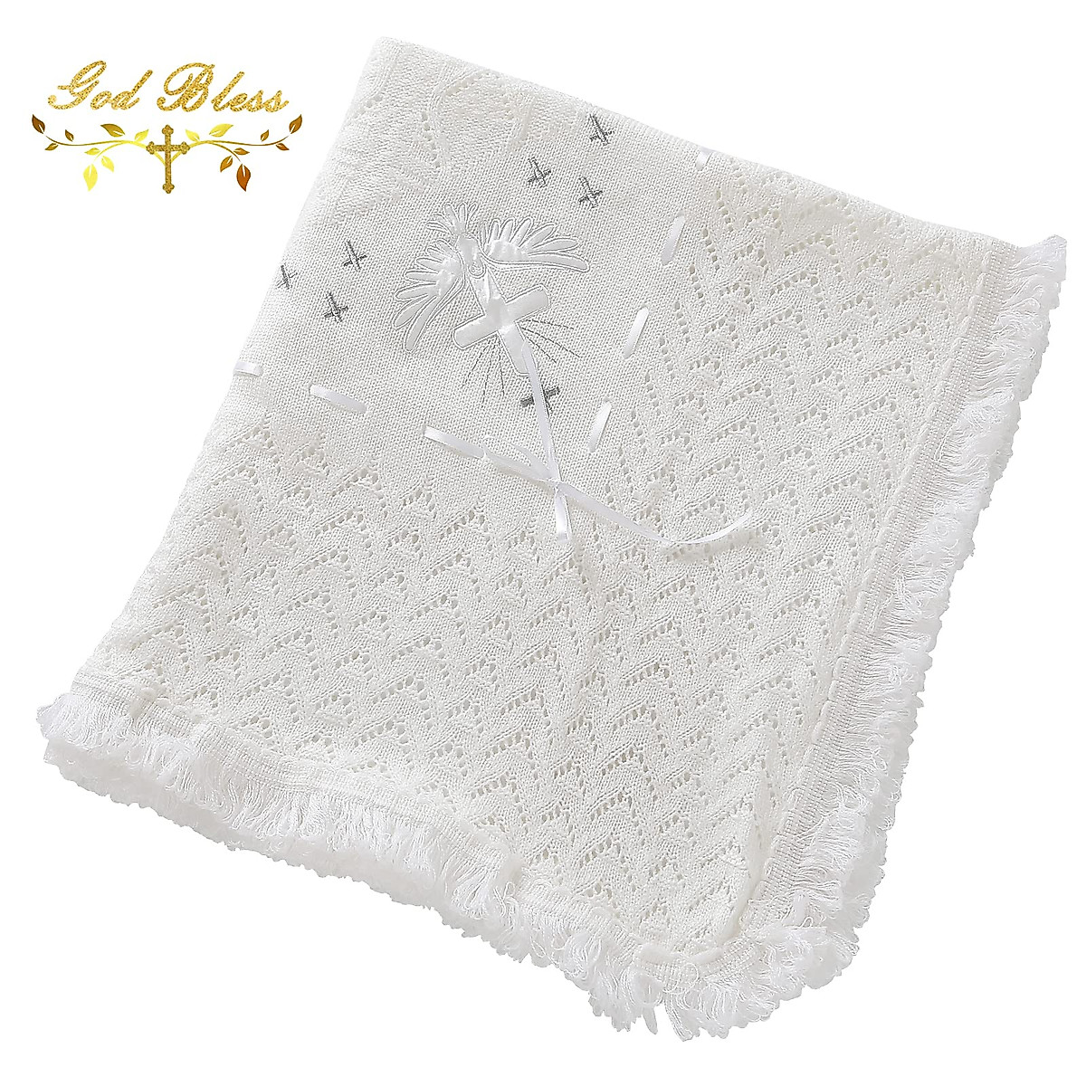 Booulfi Baby Christening Blanket Newborn Unisex Baptism White Baby Blanket Shawl Knitted Baptism Blankets for Babies