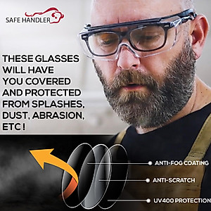 SAFE HANDLER BISON LIFE Duarte Premium Over The Glass Safety Glasses; ANSI Z87.1 Impact Resistant Polycarbonate Wraparound Lenses, with Anti-Fog & Anti-Scratch, UV400 Protection