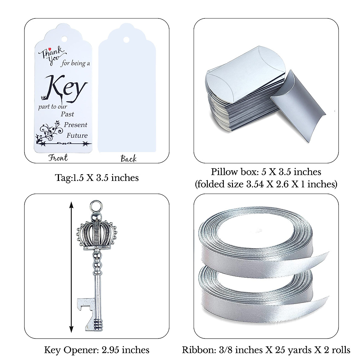 AebDerp 50Pcs Key Bottle Opener Wedding Party Favors, Crown Vintage Skeleton Keys Bulk with Candy Box and Ribbon, Bridal Shower Party Souvenirs Gifts for Guests (Silver)