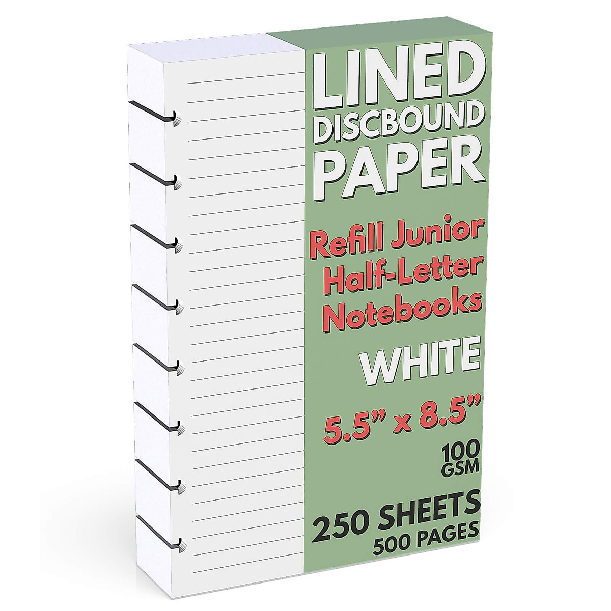 Discbound Half-Letter Size Lined Paper Refill, 250 Sheets (500 Pages), 5.5 in. x 8.5 in., 100 GSM, Junior Size 8 Disc Notebooks