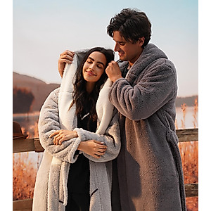 DAVID ARCHY Men's Soft Plush Fleece Robe Full Length Hooded Long Bathrobe for Men with Hood (L, Red- Shu Velveteen)