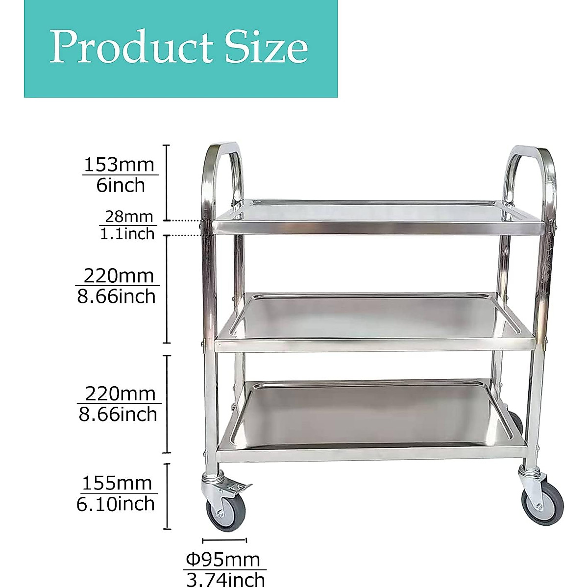 ITINA 3 Tier Stainless Steel Utility Cart with Locking Wheels L29.5× W16× H33inch 330Lbs Total Load Capacity Kitchen Island Trolley Catering Storage Cart for Kitchen Restaurant Hotel Cafe Home