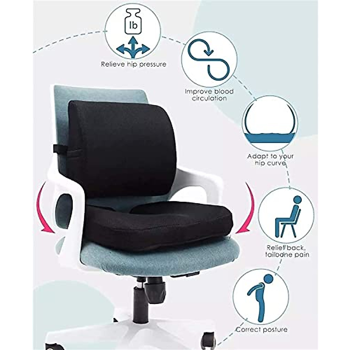 BUZZNN Comfort Seat Cushion & Lumbar Support Pillow, Ergonomic Memory Foam Coccyx Pad for Car, Wheelchair, Gaming Chair and Desk Chair