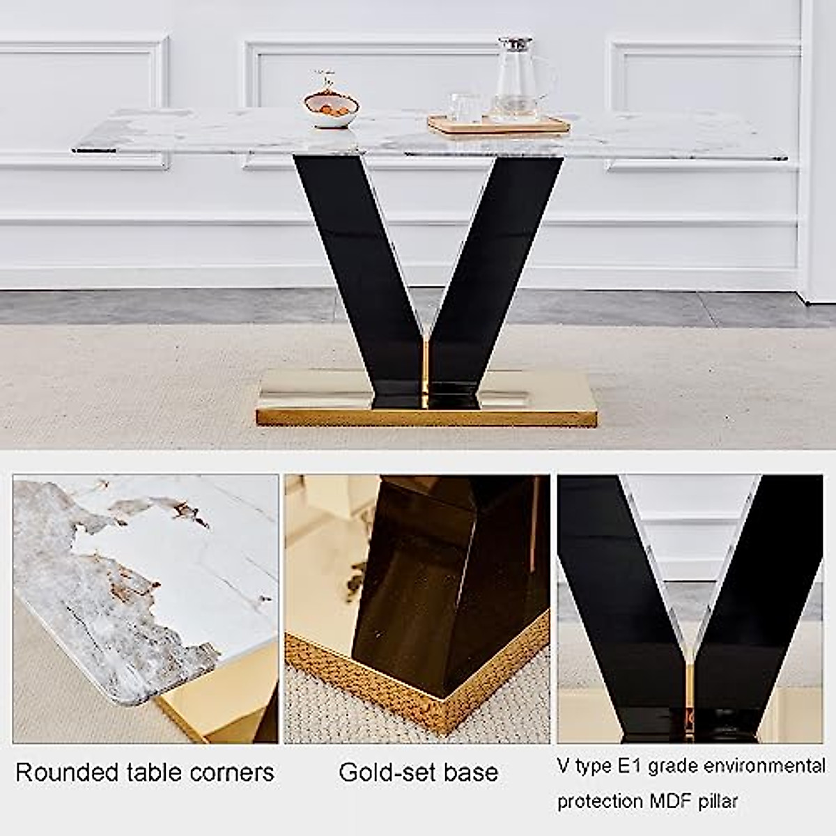 gopop Dining Table Set for 8,Modern Marble Dining Table Set,71'' Rectangular Glass Dinner Table and 8 Light Grey PU Chairs, Marble Texture Kitchen & Dining Room Sets,Ideal for Living Room