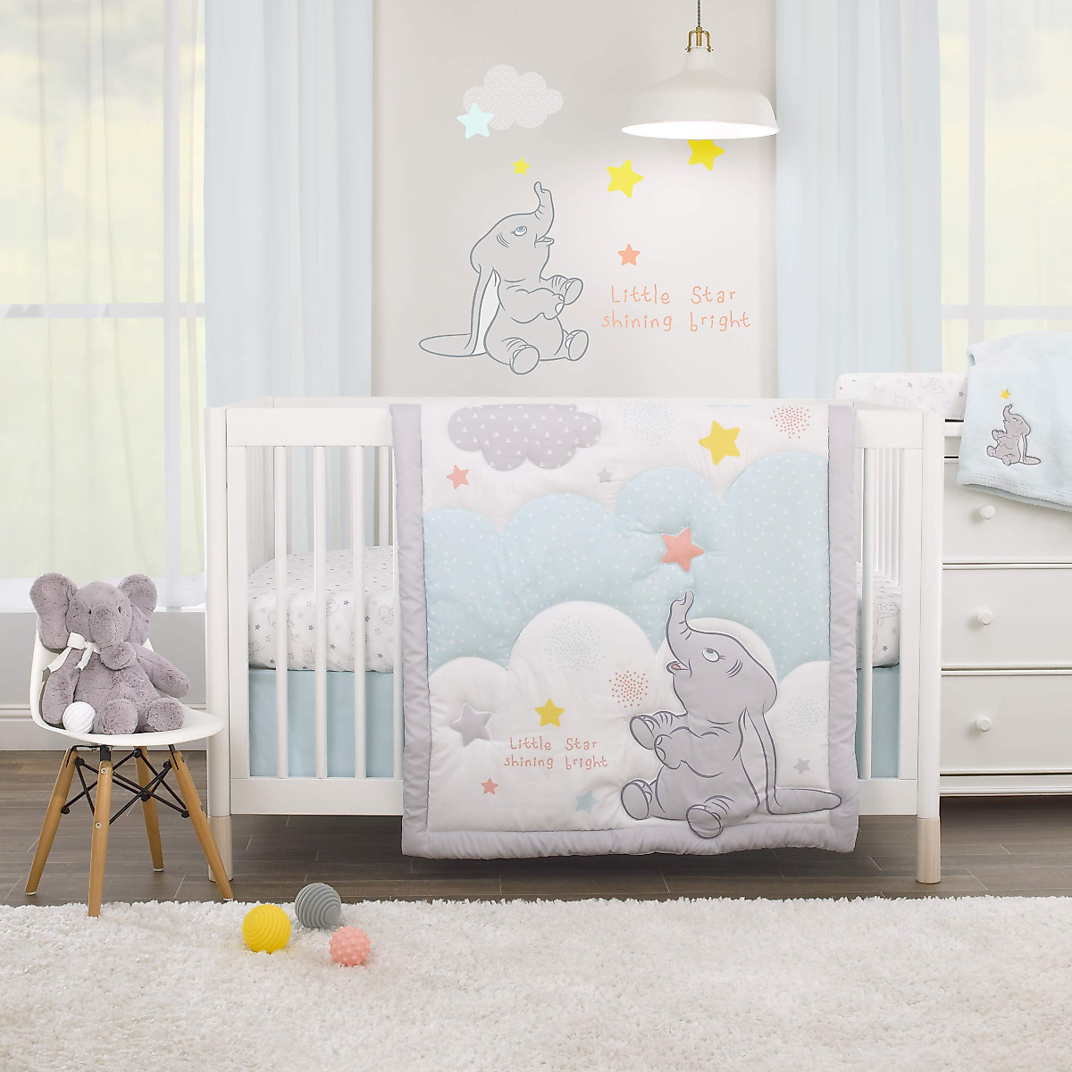 Disney Dumbo - Shine Bright Little Star Aqua, Grey, Yellow and Orange 3 Piece Nursery Crib Bedding Set - Comforter, Fitted Crib Sheet, Dust Ruffle