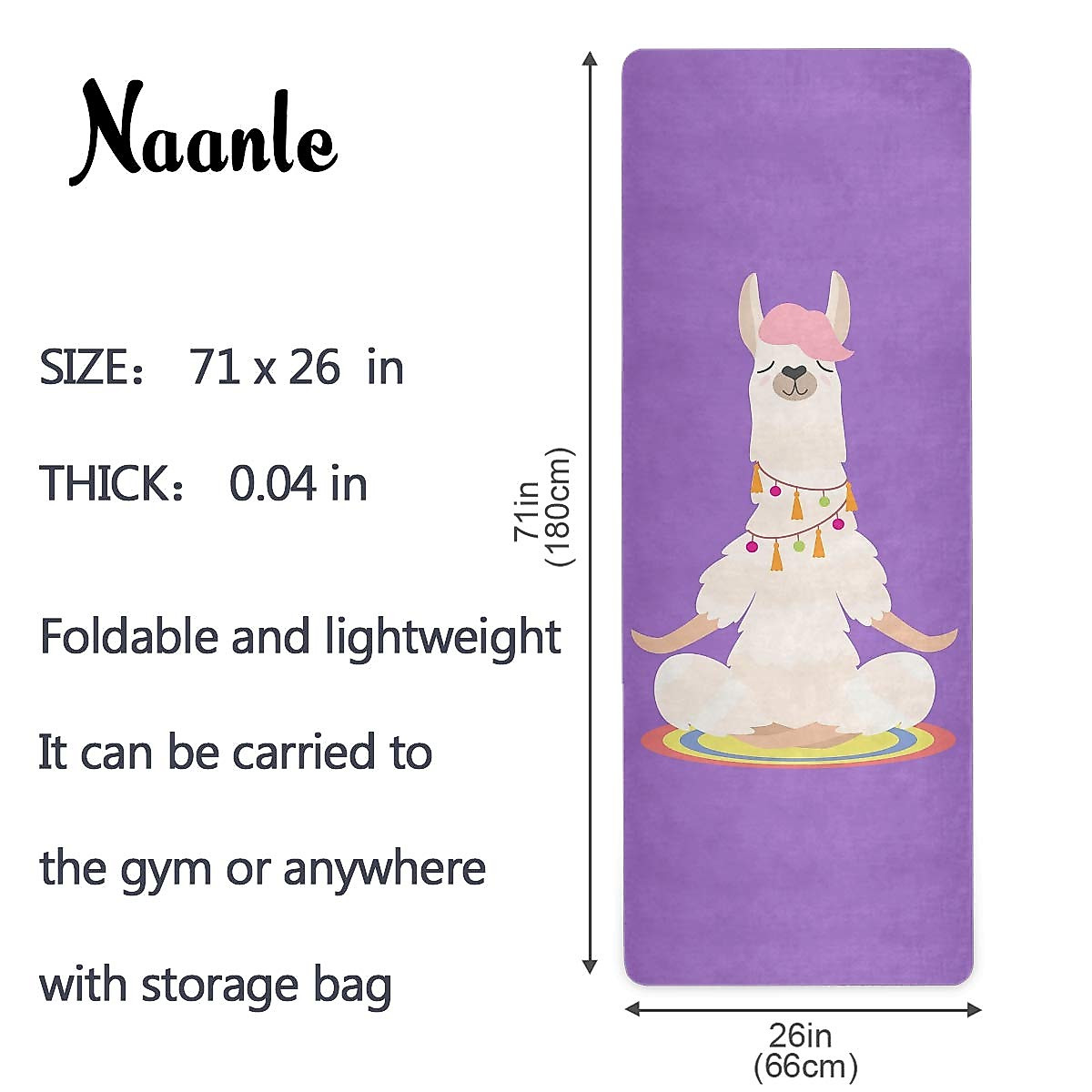 Naanle Yoga Llama Yoga Mat with Carrying Bag Set, Funny Llama Exercise Mat Foldable Non Slip Travel Lightweight Workout Rug for Home Gym Yoga Pilates Stretching Floor Fitness 71x26 Inches