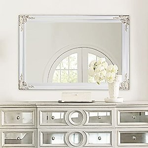 24x36 Inches White Wall Mirror, Wood Framed Rectangle Bathroom Mirror, Vintage Baroque Wall Mirror for Bedroom Bathroom and Living Room