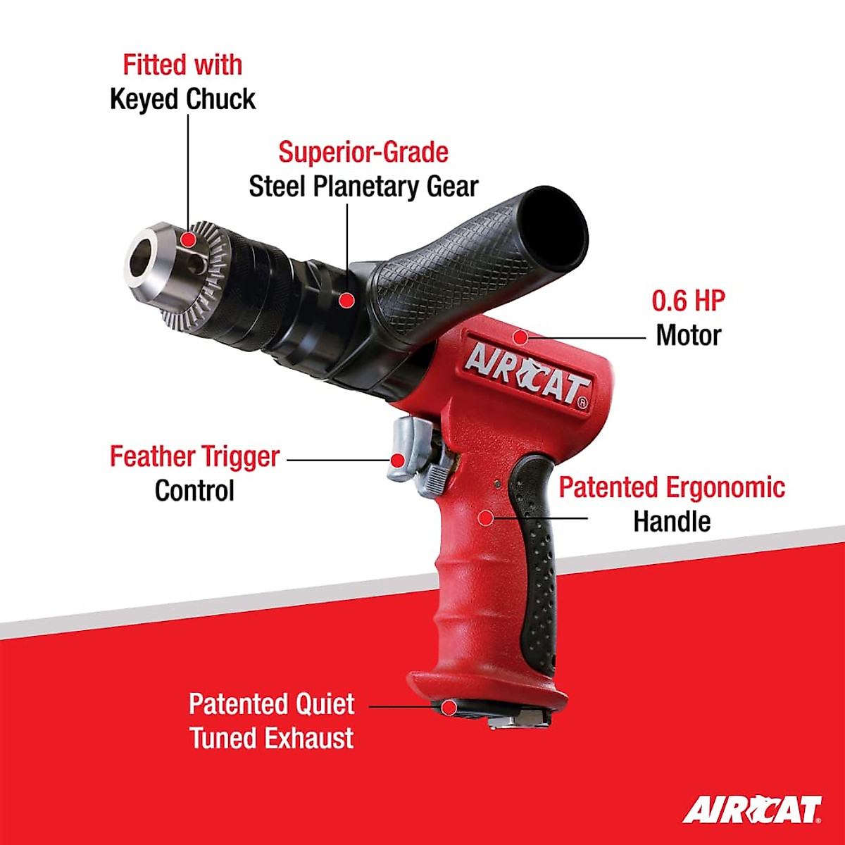 AIRCAT Pneumatic Tools 4450: 1/2-Inch Reversible Composite Drill Air Tool, Side Handle, 400 RPM, .60 HP Motor