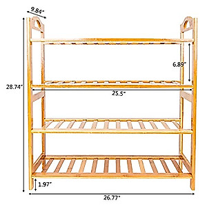 ZYSK 4 Tier Free Standing Bamboo Shoe Rack with Handles,Entryway Shoe Shelf Storage Organizer Ideal for Hallway Bathroom Living Room,Wood