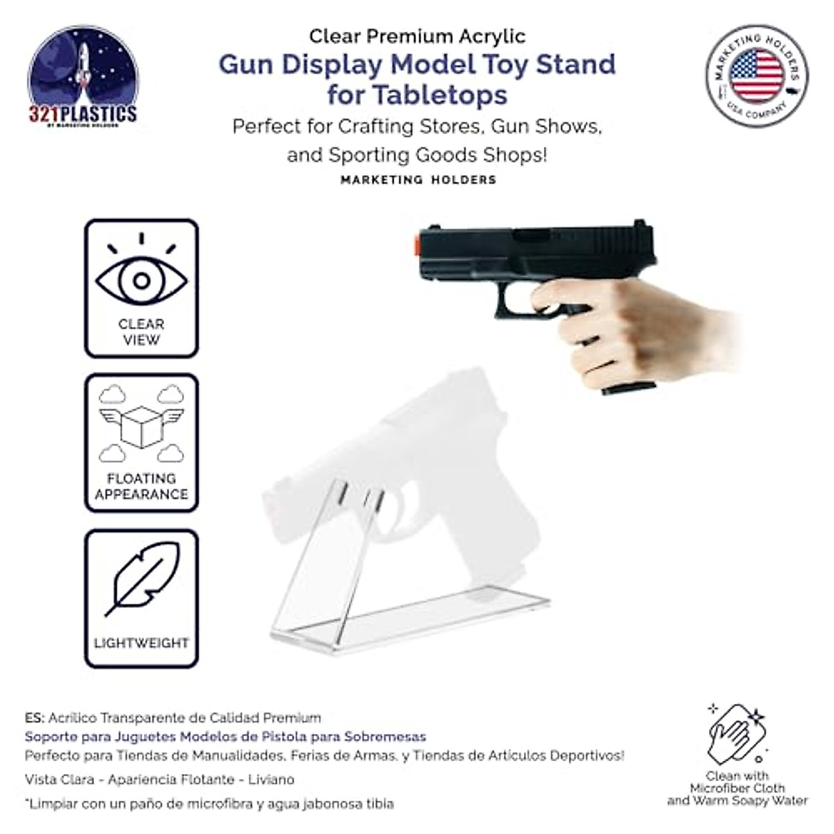 Marketing Holders Acrylic Small Gun Stand Model Toy Display 1.25" Inch Wide x 4.25" Inch Deep Clear Plexiglass Platform for Retail Tabletops DIY Artists and Crafters