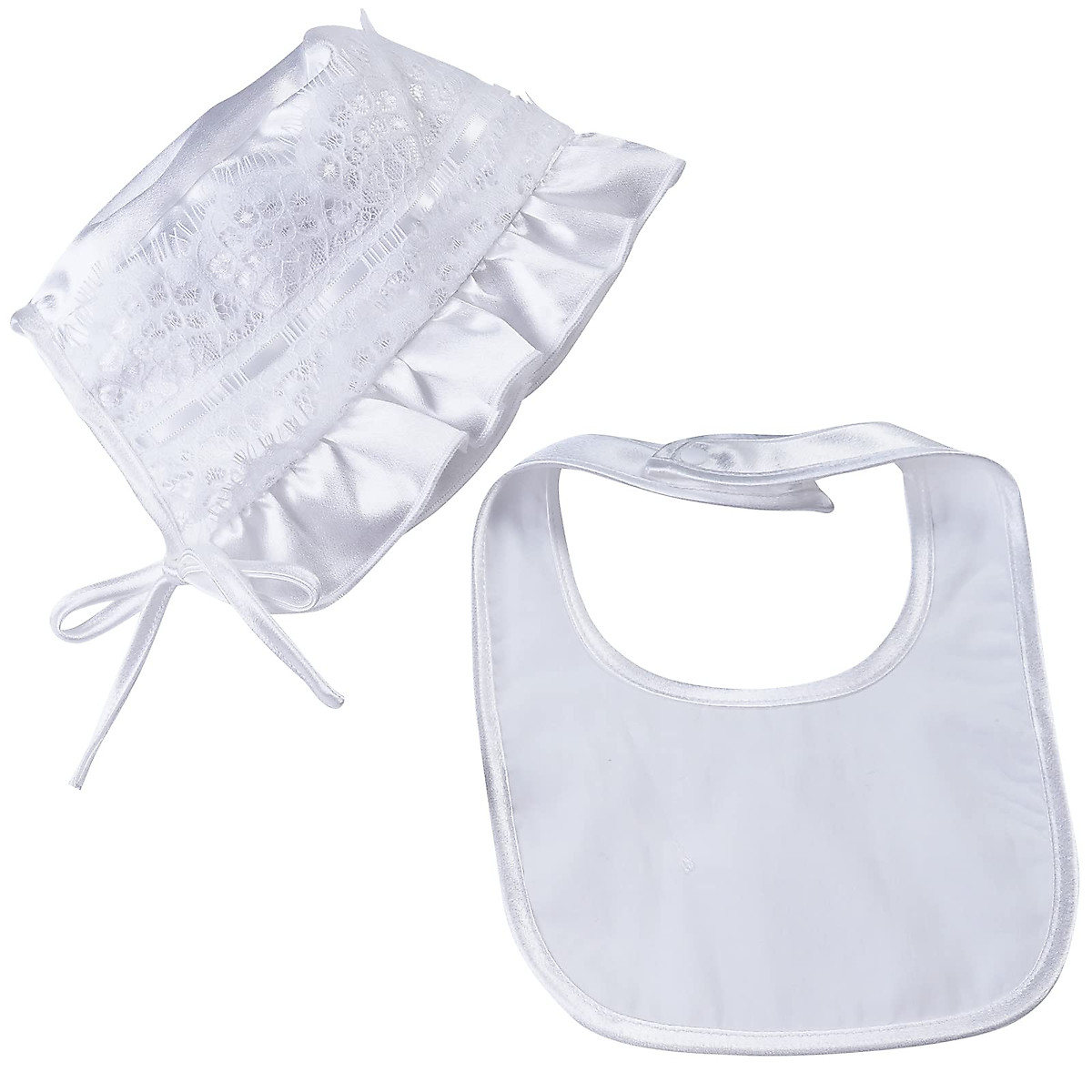 Booulfi Baptism Bib White Bibs for Baby Girl, Infant Toddler Feeding Bibs and Hat Set with Lace Satin Ribbon