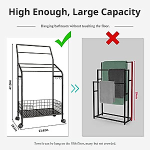 Zitaloken Towel Rack for Bathroom, Large Freestanding Blanket Holder with 5 Towel Bar, Floor Stand Towel Storage with Laundry Basket, Mobile Pool Towel Racks Outdoor, Black